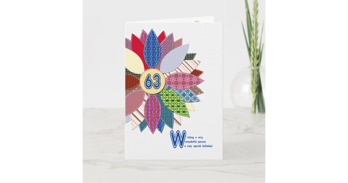 63 years old, stitched flower birthday card | Zazzle