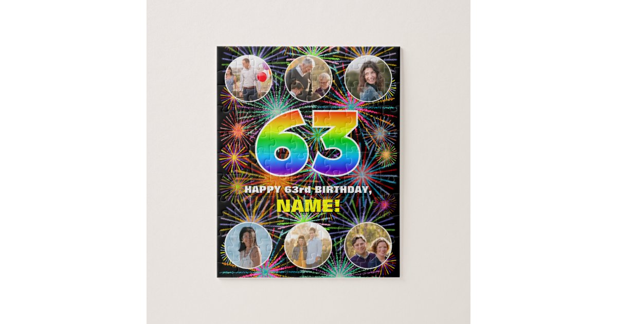63rd Birthday: Fun Rainbow #, Custom Name + Photos Jigsaw Puzzle | Zazzle