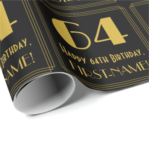64th Birthday ~ Art Deco Inspired Look "64", Name Wrapping Paper | Zazzle