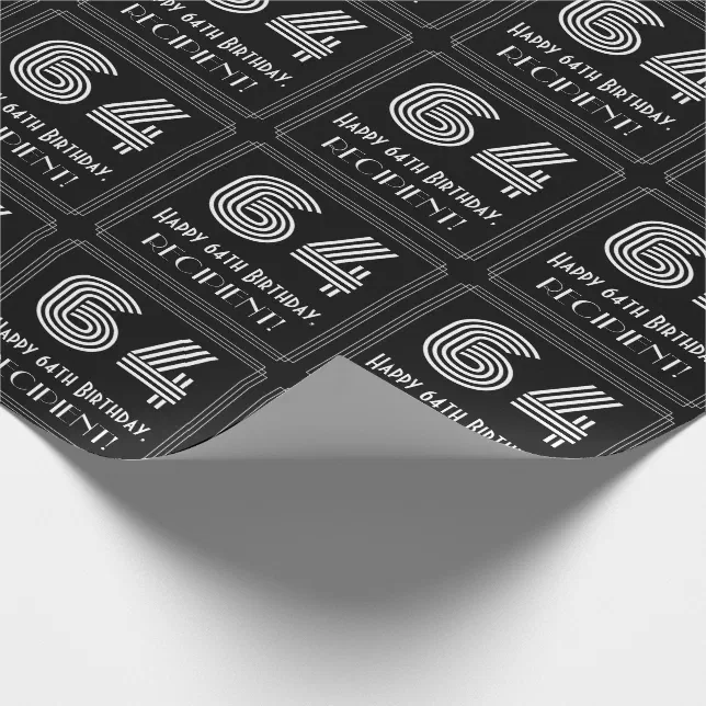64th Birthday: Art Deco Inspired Look "64" w/ Name Wrapping Paper | Zazzle