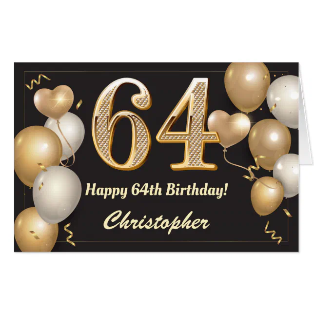 64th Birthday Black and Gold Balloons Extra Large Card | Zazzle