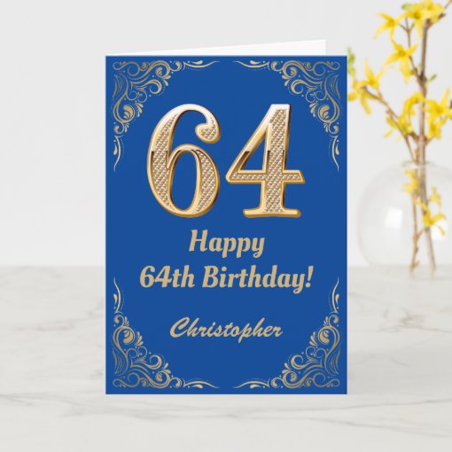 64th Birthday Blue and Gold Glitter Frame Card | Zazzle