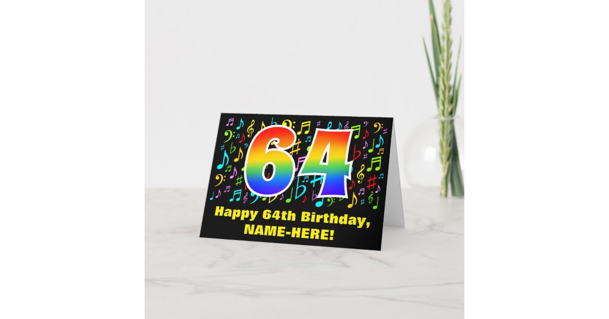 64th Birthday: Colorful Music Symbols & Rainbow 64 Card | Zazzle