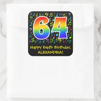64th Birthday: Colorful Music Symbols, Rainbow 64 Square Sticker | Zazzle