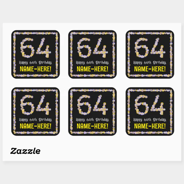64th Birthday: Floral Flowers Number, Custom Name Square Sticker | Zazzle