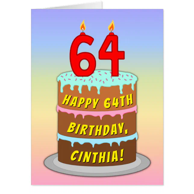 64th Birthday: Fun Cake & Candles, w/ Custom Name Card | Zazzle