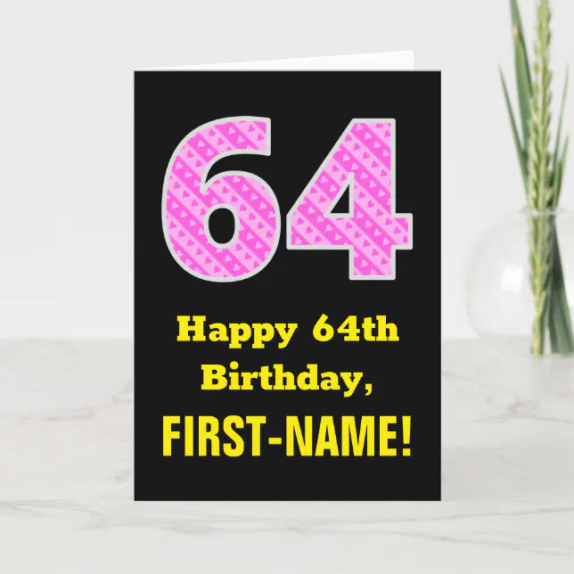 64th Birthday: Pink Stripes and Hearts "64" + Name Card | Zazzle
