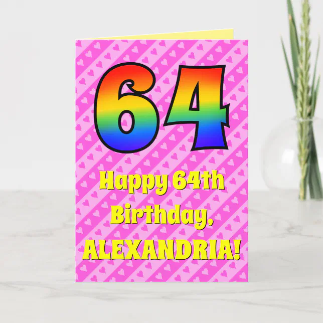 64th Birthday: Pink Stripes & Hearts, Rainbow # 64 Card | Zazzle
