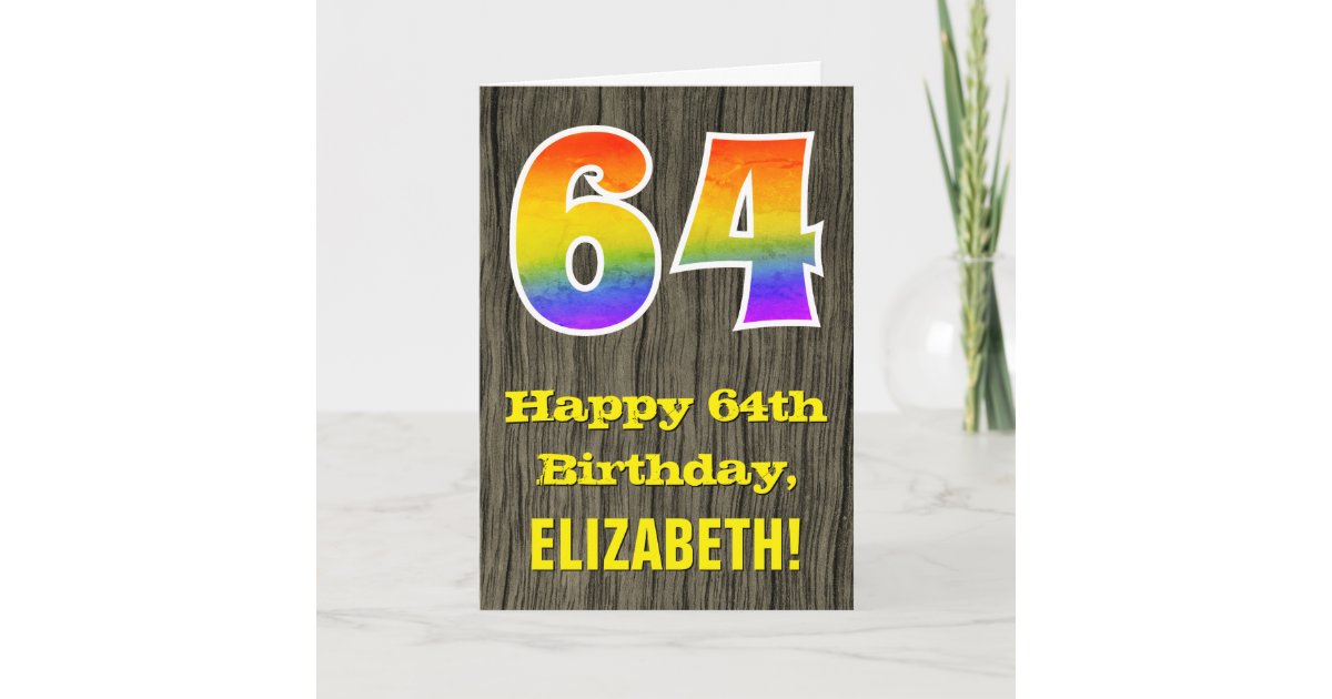 64th Birthday: Rustic Faux Wood Look, Rainbow "64" Card | Zazzle