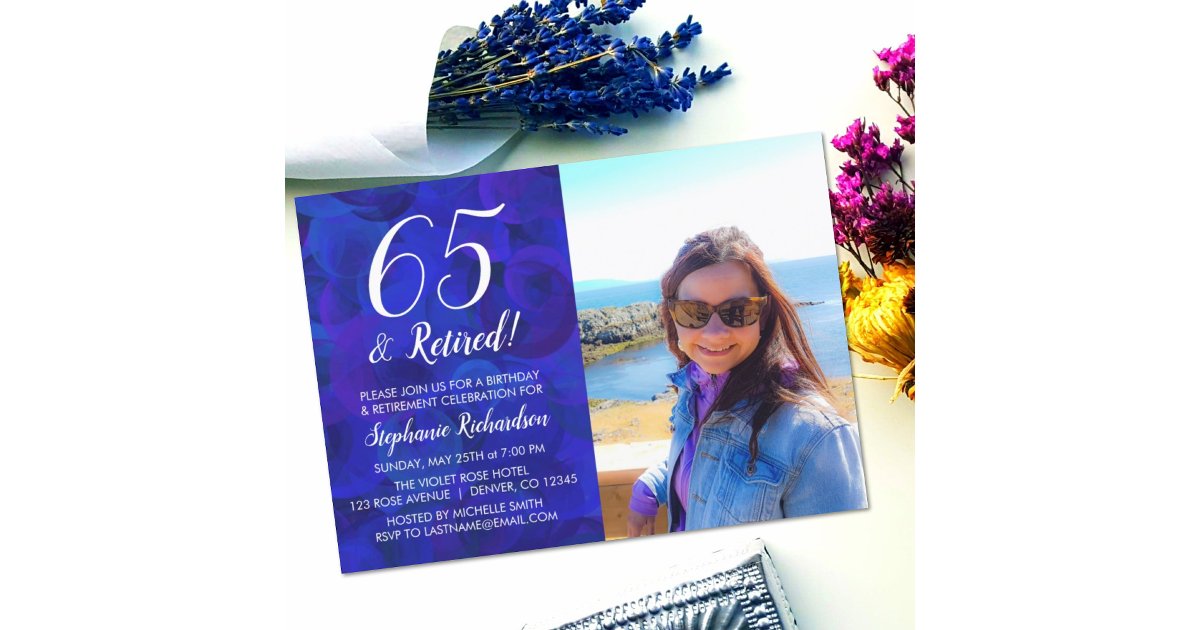 65 and Retired Blue Photo Birthday Retirement Invitation | Zazzle