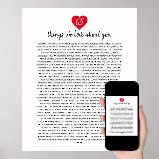 65 things we love about you heart reasons we love poster | Zazzle