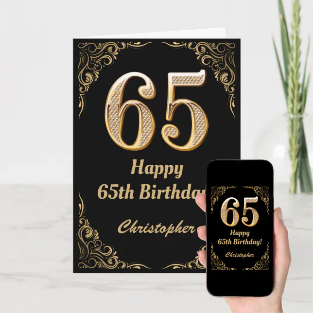 65th Birthday Black and Gold Glitter Frame Card | Zazzle