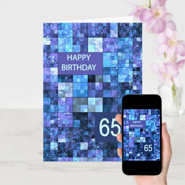 65th Birthday, Blue Squares, Card | Zazzle