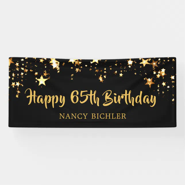 65th Birthday Brush Script Black Gold Stars Banner | Zazzle