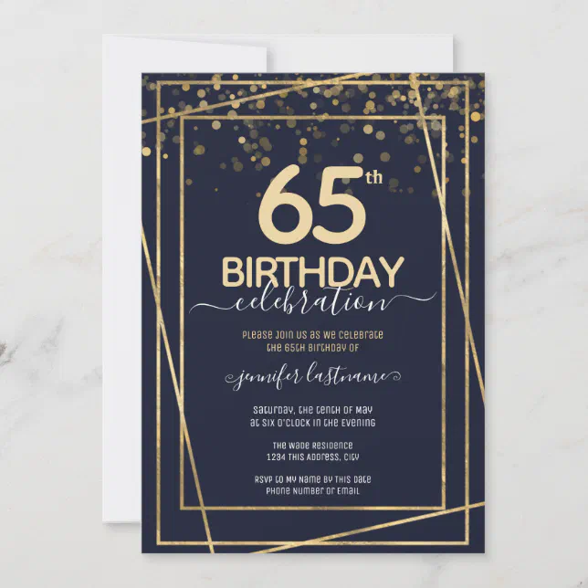 65th Birthday Gold and Blue Invitation | Zazzle