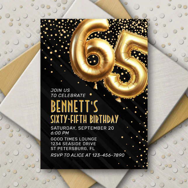 65th Birthday Gold Black Invitation | Zazzle