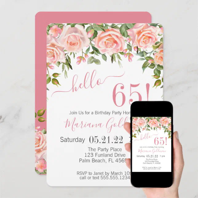 65th Birthday Invitations Pink Floral Modern Party | Zazzle