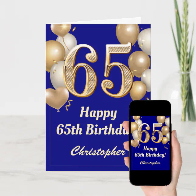 65th Birthday Navy Blue and Gold Balloons Confetti Card | Zazzle