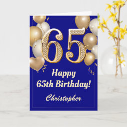 65th Birthday Navy Blue and Gold Balloons Confetti Card | Zazzle