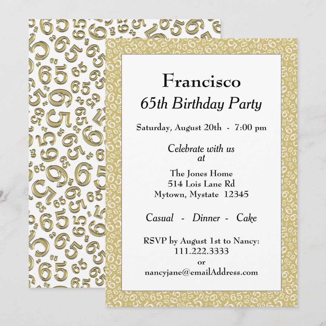 65th Birthday Party, Gold/White Number Pattern Invitation | Zazzle