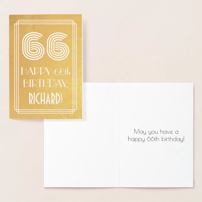 66th Birthday – Art Deco Inspired Look "66" + Name Foil Card | Zazzle