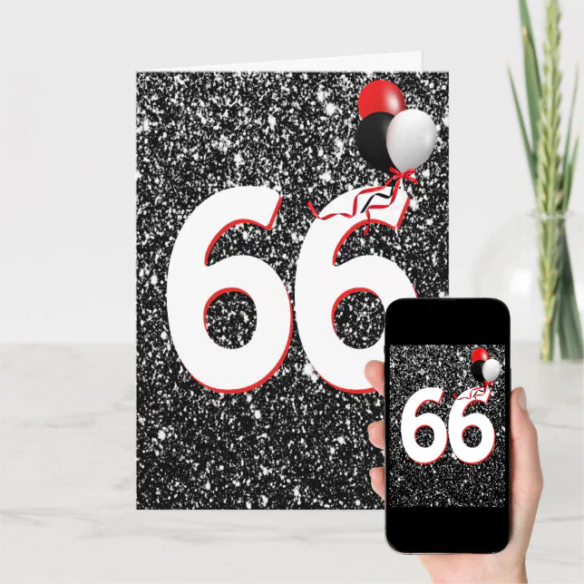 66th Birthday Balloons on Black Glitter Card | Zazzle