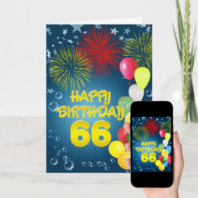 66th Birthday card with fireworks and balloons | Zazzle