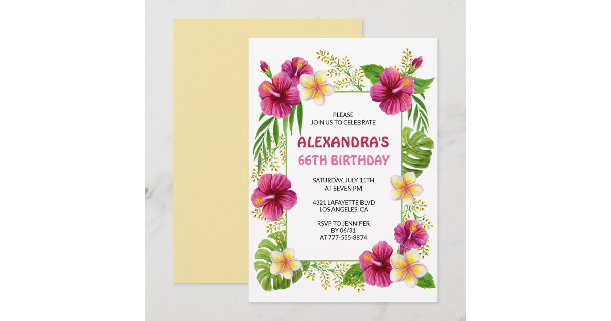 66th birthday invitations Tropical Floral Pink | Zazzle