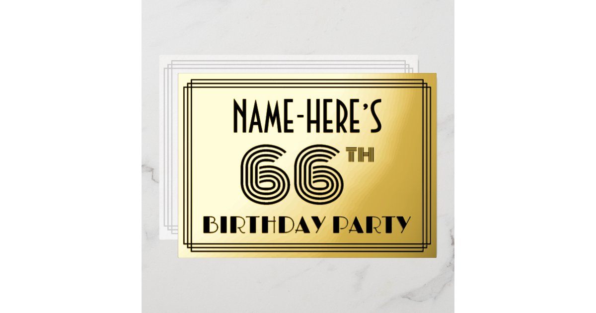 66th Birthday Party — Art Deco Style “66” & Name Foil Invitation | Zazzle