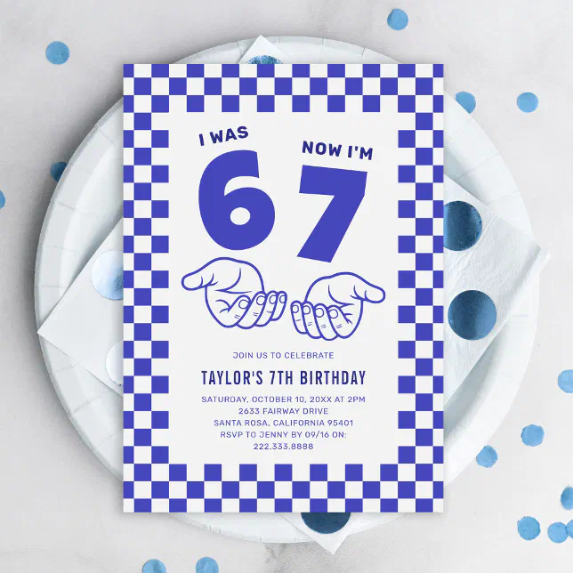 67 Meme Trend Blue Kids 7th Birthday Party Invitation | Zazzle