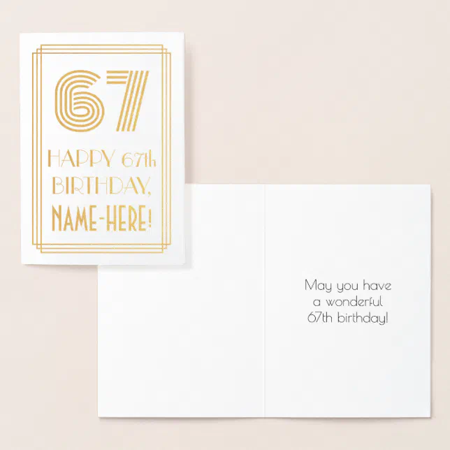 67th Birthday - Art Deco Inspired Look "67" & Name Foil Card | Zazzle