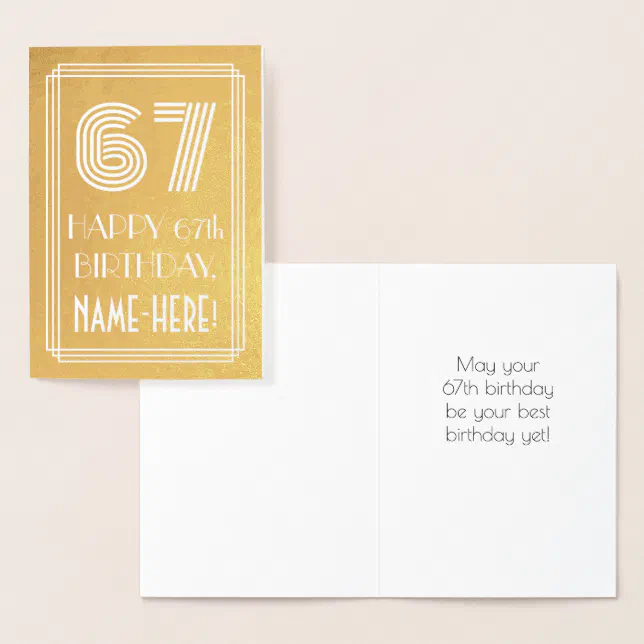 67th Birthday – Art Deco Inspired Look "67" + Name Foil Card | Zazzle
