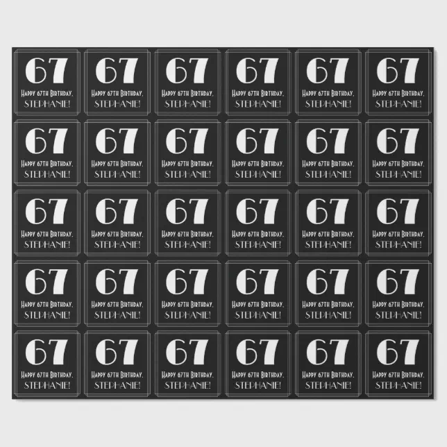 67th Birthday - Art Deco Inspired Look "67", Name Wrapping Paper | Zazzle