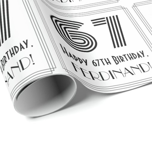 67th Birthday: Art Deco Inspired Style "67" + Name Wrapping Paper | Zazzle