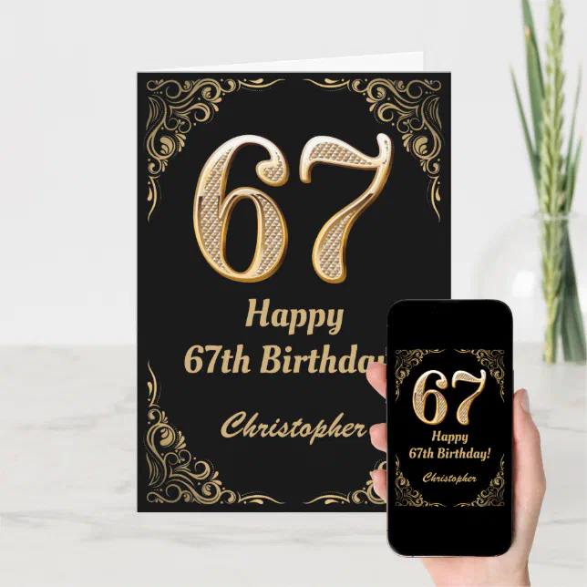 67th Birthday Black and Gold Glitter Frame Card | Zazzle