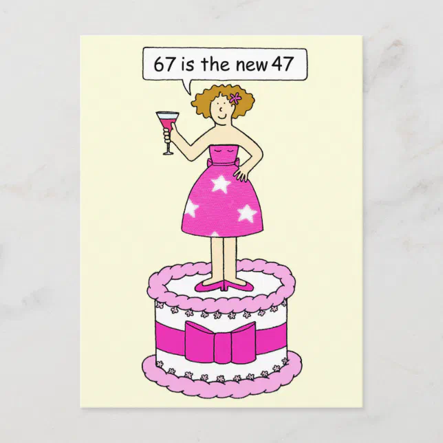 67th Birthday Humor for Her Cartoon Lady Postcard | Zazzle