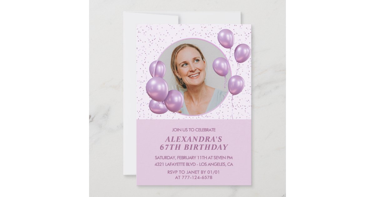 67th birthday invitations Photo Purple Balloons | Zazzle
