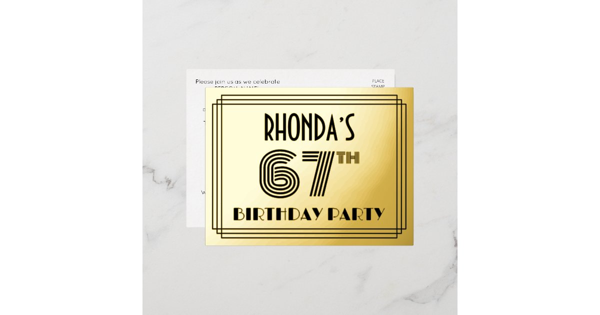 67th Birthday Party ~ Art Deco Style “67” + Name Foil Invitation ...
