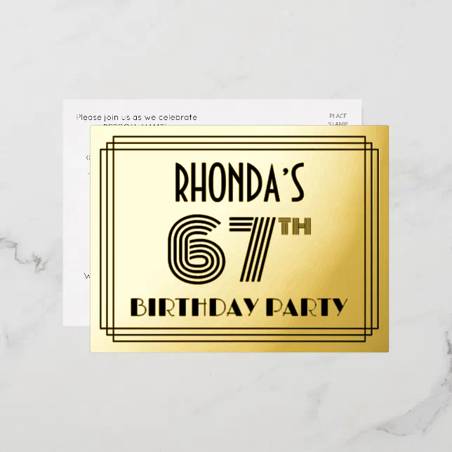 67th Birthday Party ~ Art Deco Style “67” + Name Foil Invitation ...