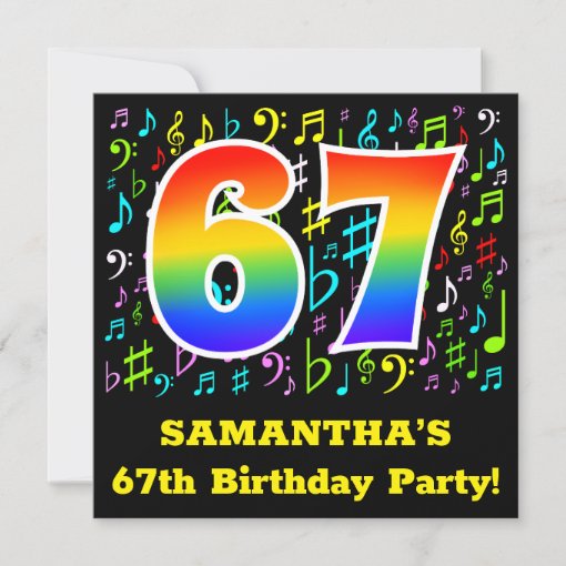 67th Birthday Party: Fun Music Symbols, Rainbow 67 Invitation | Zazzle