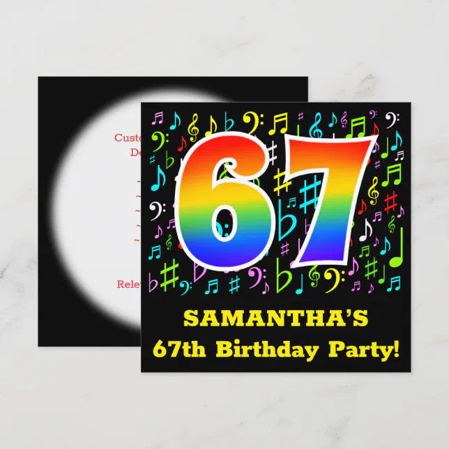 67th Birthday Party: Fun Music Symbols, Rainbow 67 Invitation | Zazzle