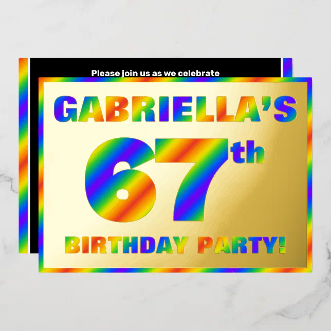 67th Birthday Party — Fun, Rainbow Spectrum “67” Foil Invitation | Zazzle