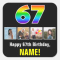 67th Birthday: Rainbow “67”; Custom Photos & Name Square Sticker | Zazzle