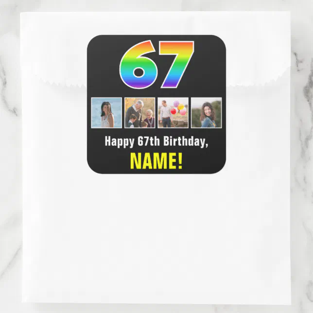 67th Birthday: Rainbow “67”; Custom Photos & Name Square Sticker | Zazzle