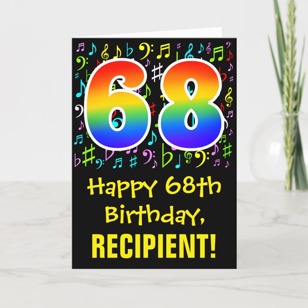 68th Birthday: Colorful Music Symbols + Rainbow 68 Card | Zazzle