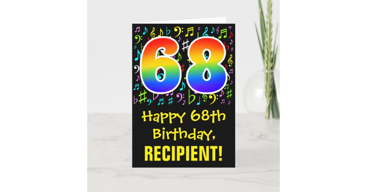 68th Birthday: Colorful Music Symbols + Rainbow 68 Card | Zazzle