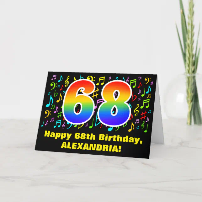 68th Birthday: Colorful Music Symbols & Rainbow 68 Card | Zazzle