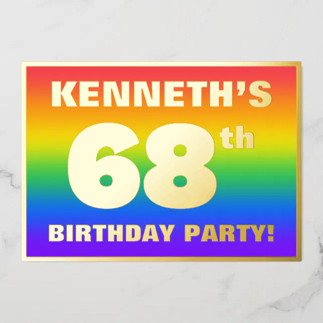 68th Birthday Party: Fun, Colorful Rainbow Pattern Foil Invitation | Zazzle