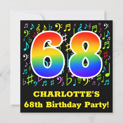 68th Birthday Party: Fun Music Symbols, Rainbow 68 Invitation | Zazzle