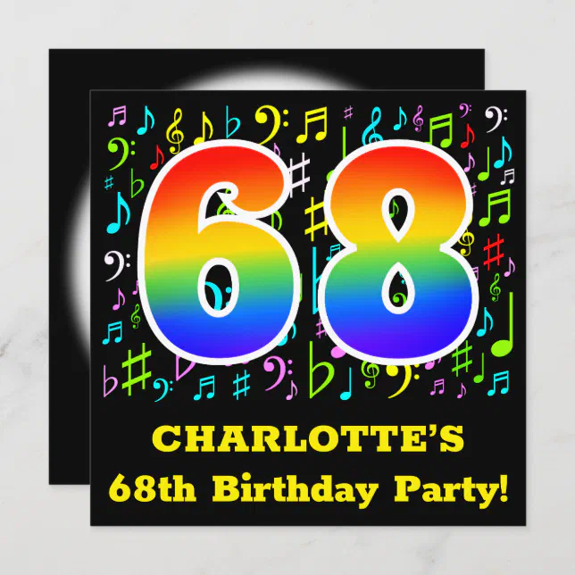 68th Birthday Party: Fun Music Symbols, Rainbow 68 Invitation | Zazzle